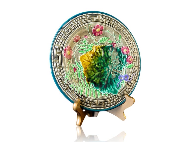 Majolica Leaf, Fern and Flowers Plate with Greek Key Boarder, Signed ...