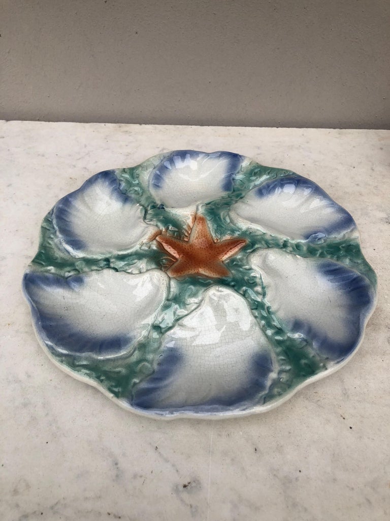Majolica Oyster Blue Starfish Plate Digoin, circa 1900 at 1stDibs