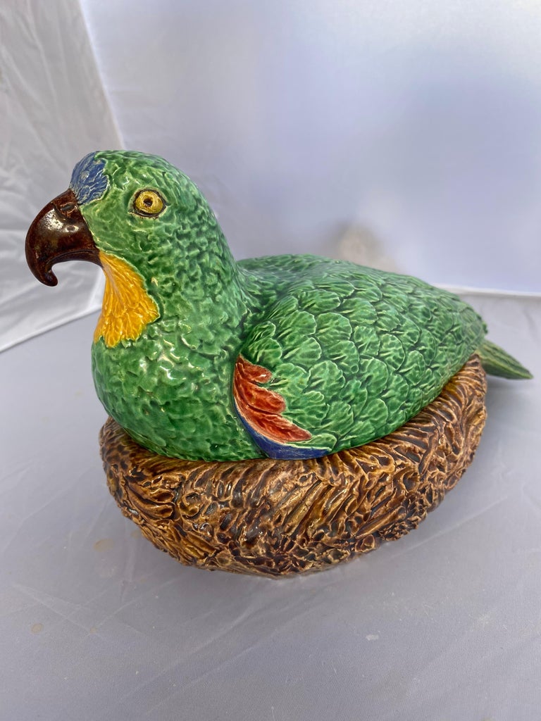 Majolica Palissy Ware Parrot on Nest Lidded Box Signed Bordalo Pinheiro ...