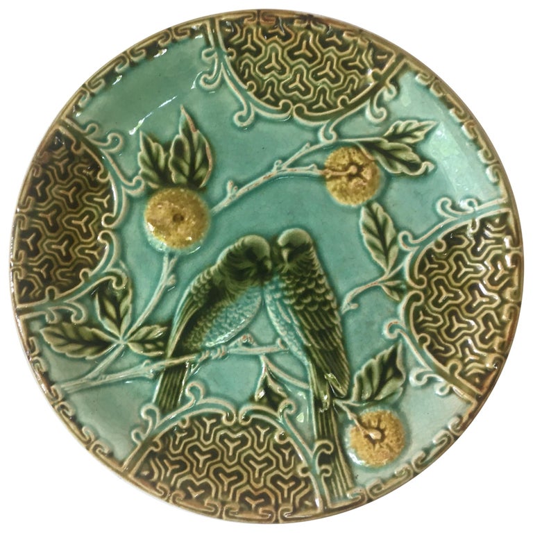 Majolica Parakeets Plate Salins, circa 1890 at 1stDibs