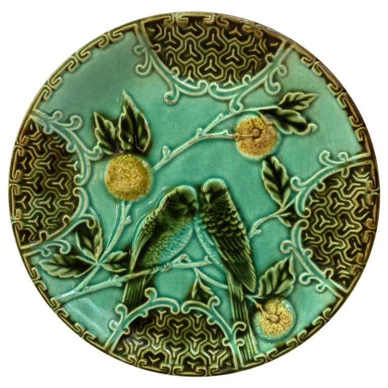 Majolica Parakeets Plate Salins, circa 1890 For Sale at 1stDibs