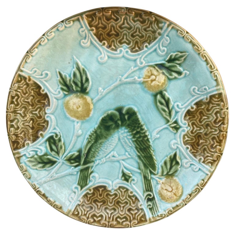 Majolica Parakeets Plate Salins, circa 1890 For Sale at 1stDibs