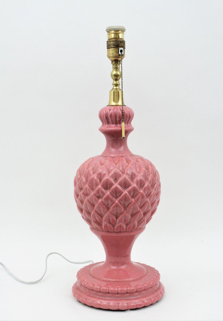 Majolica Pink Glazed Manises Ceramic Artichoke Table Lamp, Spain, 1960s ...