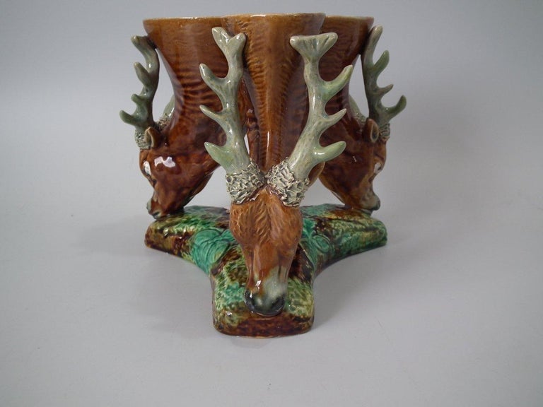 Majolica Triple Throated Vase with Stag Heads For Sale at 1stDibs