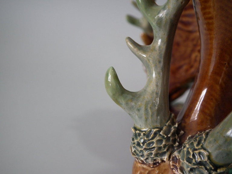 Majolica Triple Throated Vase with Stag Heads For Sale at 1stDibs