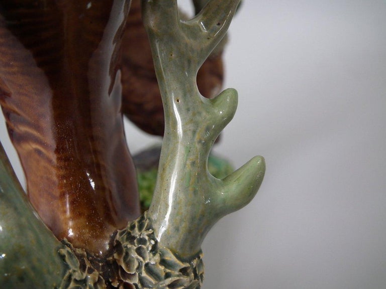 Majolica Triple Throated Vase with Stag Heads For Sale at 1stDibs
