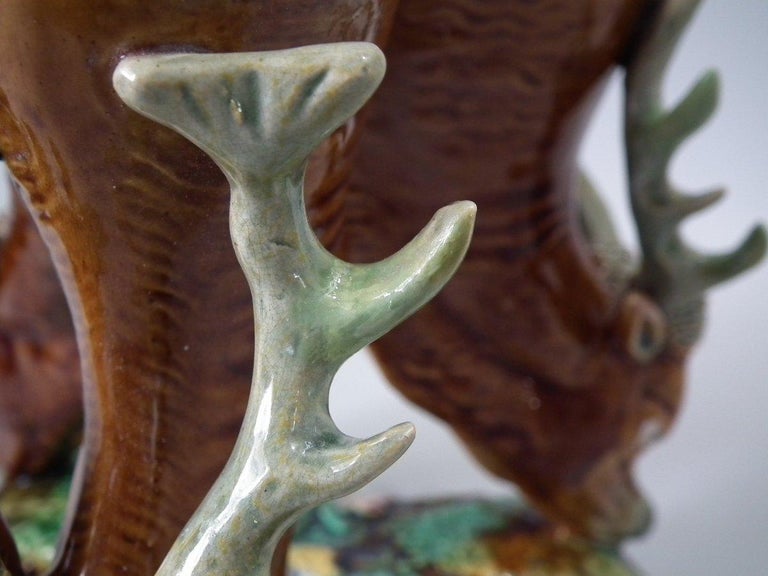Majolica Triple Throated Vase with Stag Heads For Sale at 1stDibs