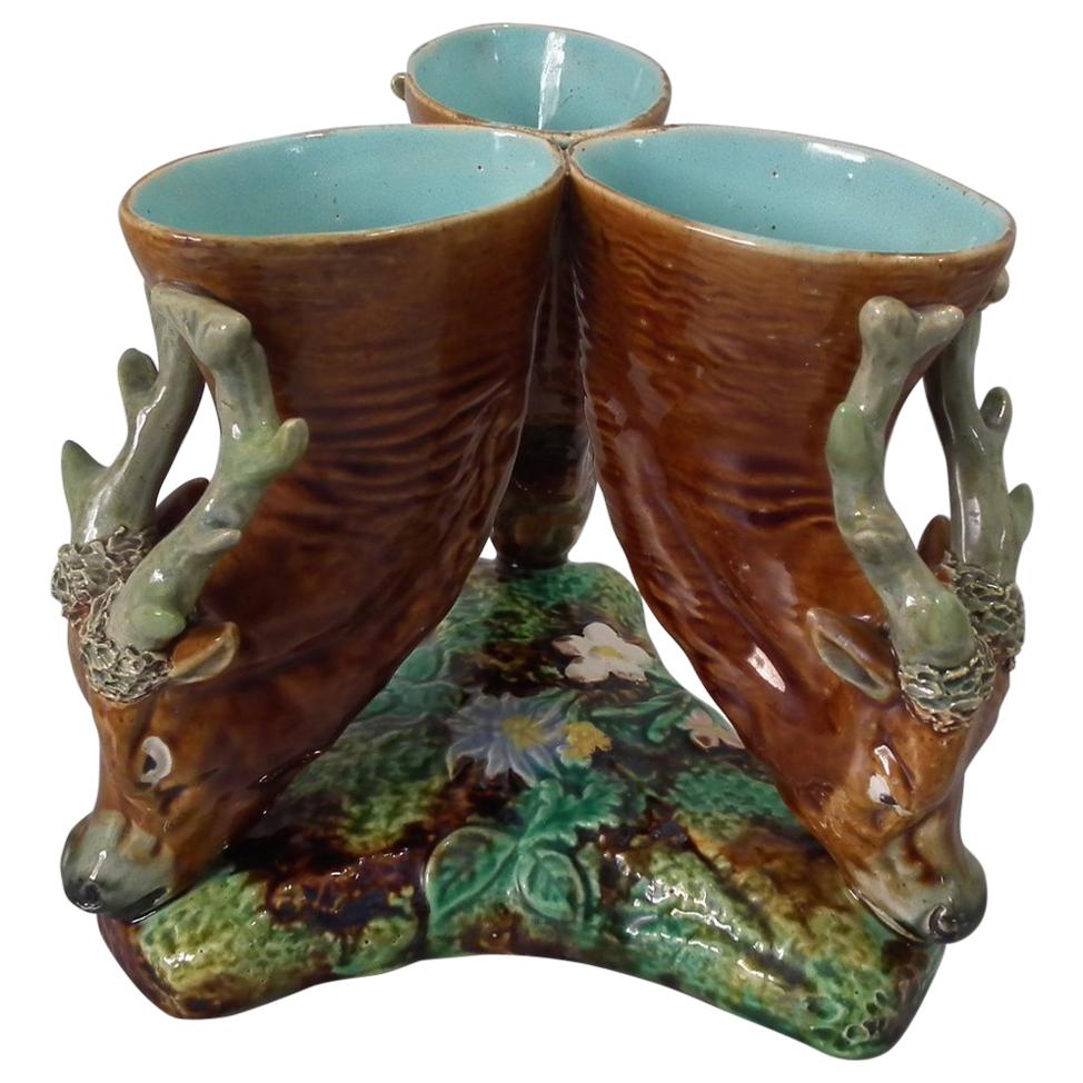 Majolica Triple Throated Vase with Stag Heads For Sale at 1stDibs