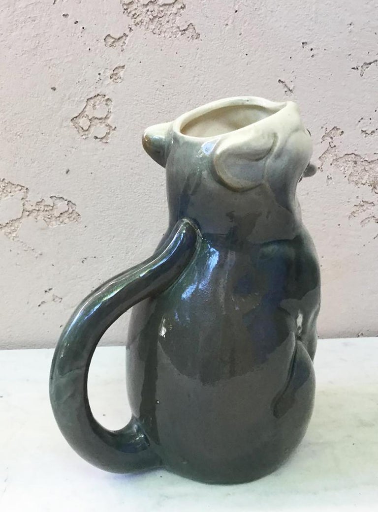 Majolica White and Grey Cat Pitcher Signed Esdeve Sarreguemines at 1stDibs