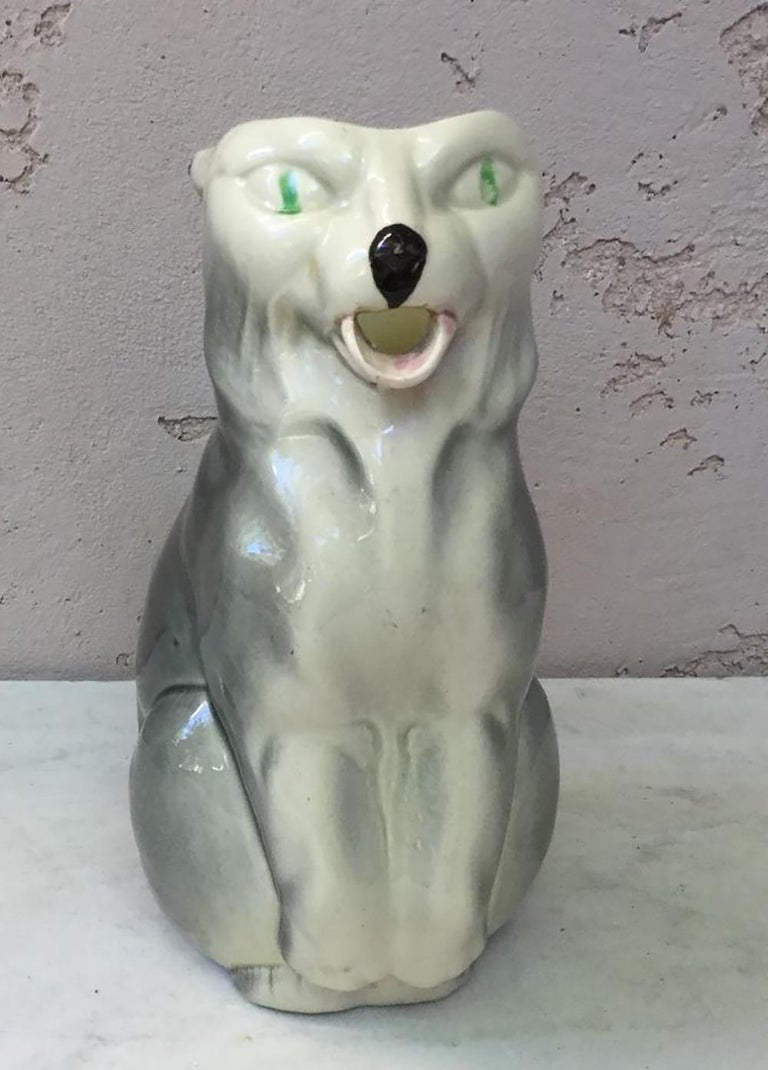 Majolica White and Grey Cat Pitcher Signed Esdeve Sarreguemines at 1stDibs