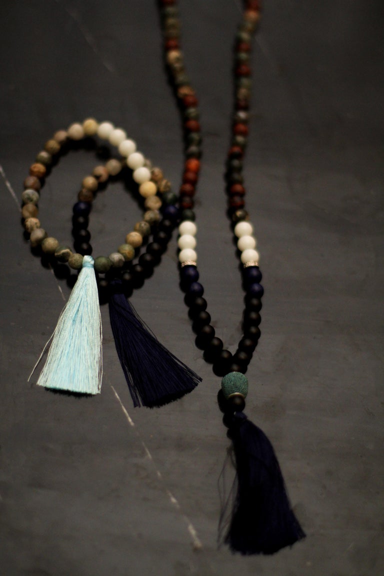 Mala Necklace with Matt Lapis and 18 Karat White Gold Diamonds Beads ...