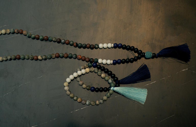 Mala Necklace with Matt Lapis and 18 Karat White Gold Diamonds Beads ...