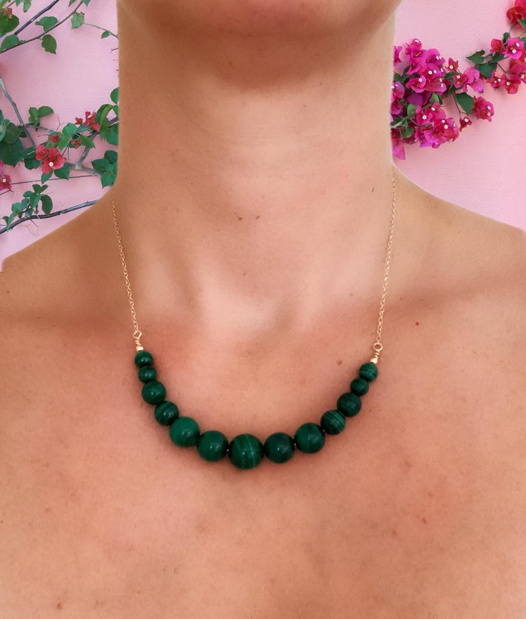 Malachite Bead Graduated Sweetie Necklace in Yellow Gold For Sale at ...