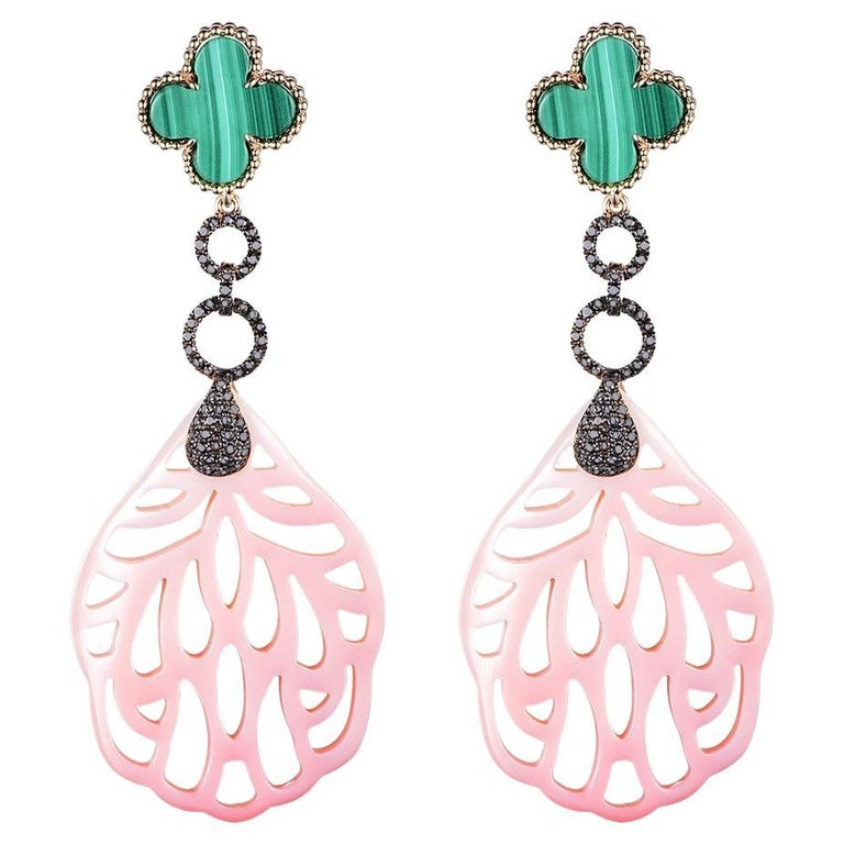Malachite Black Diamonds Pink Shell Dangle Earrings in 14 Karat Yellow ...