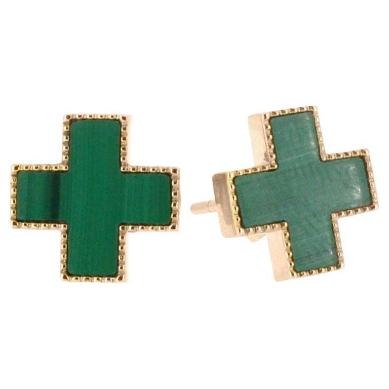 Malachite Inlay Heirloom Studs 14k Yellow Gold For Sale at 1stDibs