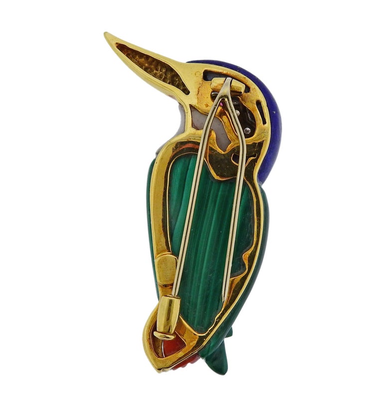 Malachite Lapis Coral Diamond Ruby Gold Bird Brooch at 1stDibs