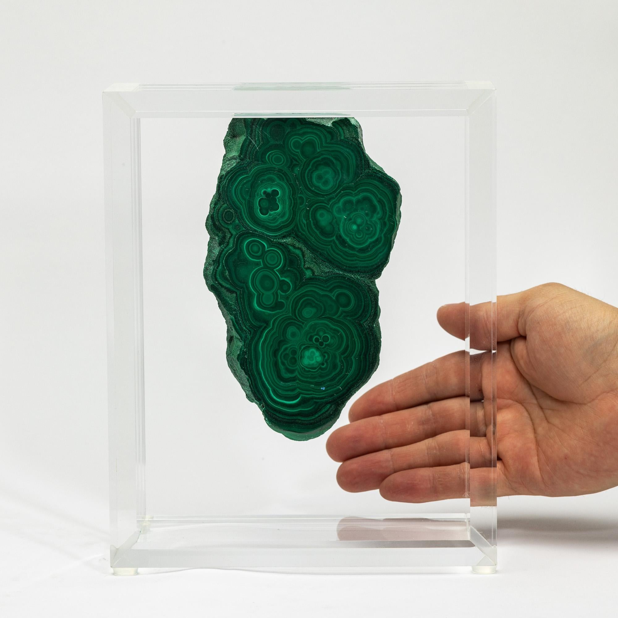Malachite slab in free form mounted in original design acrylic base at ...