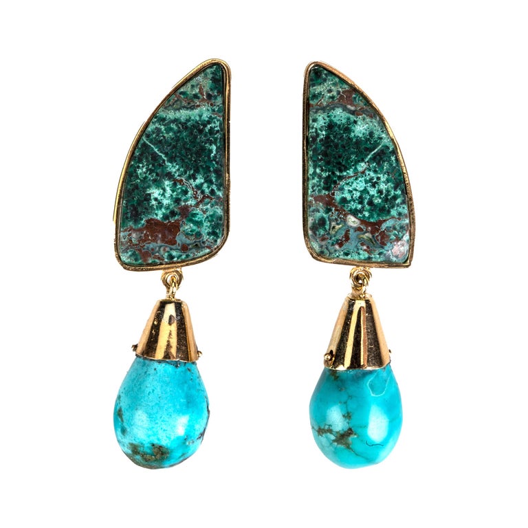 Malachite, Turquoise 18k Gold Earrings For Sale at 1stDibs