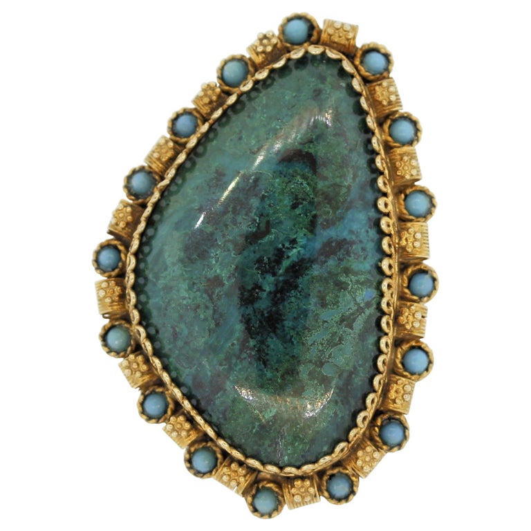 Malachite Turquoise Silver Brooch at 1stDibs