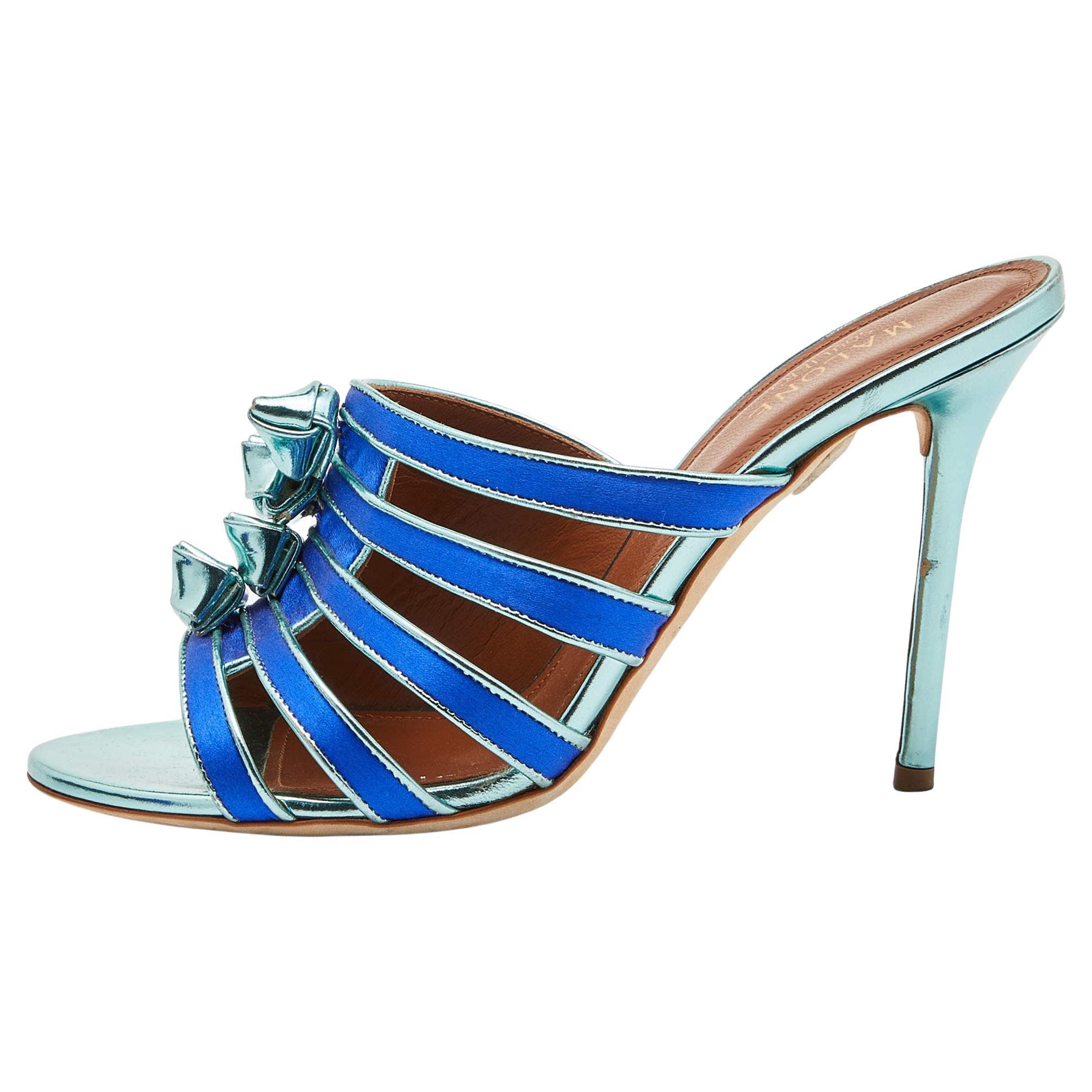 Malone Souliers Blue/Metallic Green Satin and Leather Open Toe Mules ...