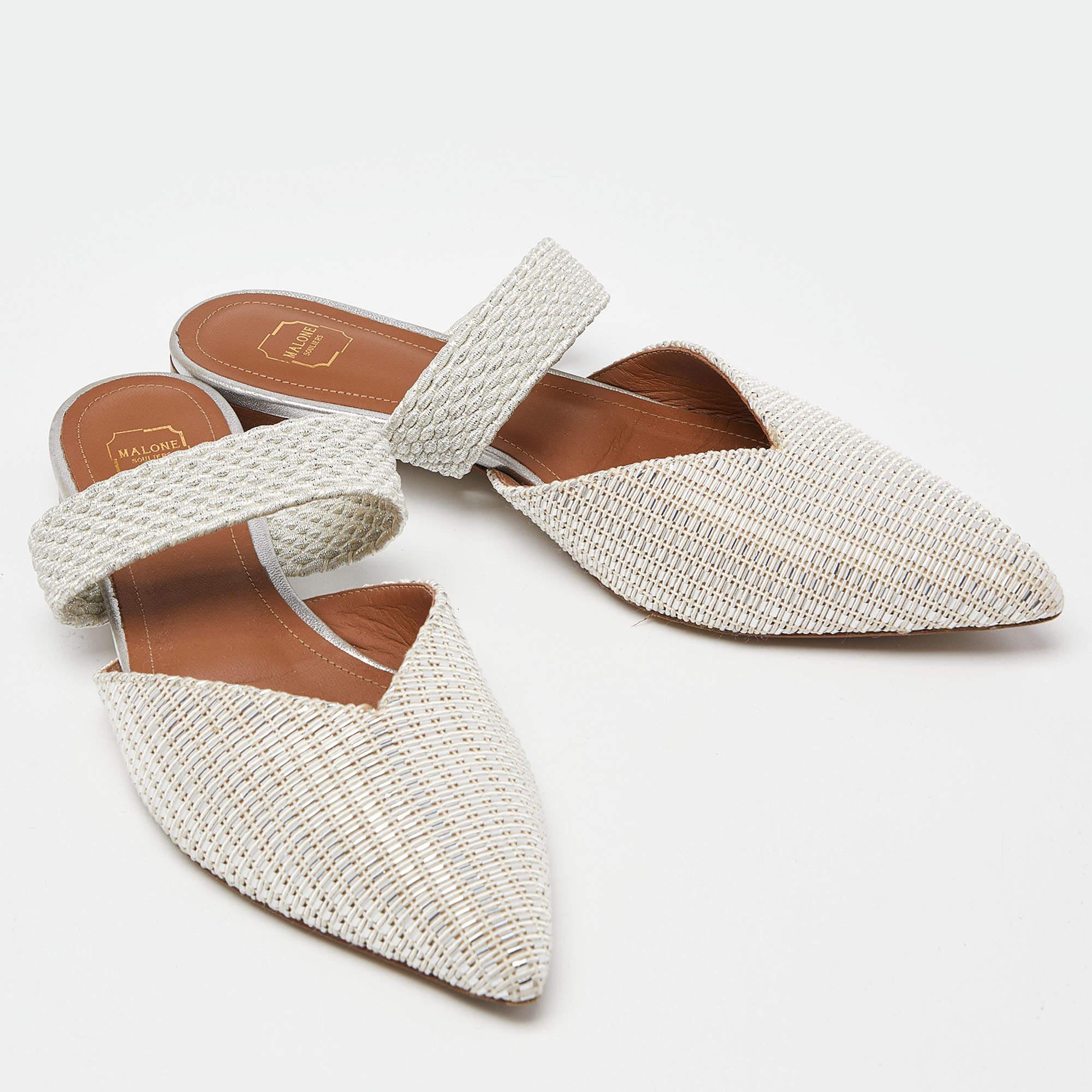 Malone Souliers Silver Woven Canvas Maisie Flat Mules Size 37.5 For ...