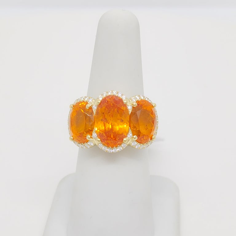 Mandarin Garnet and White Diamond Three Stone Ring in 18k Yellow Gold ...