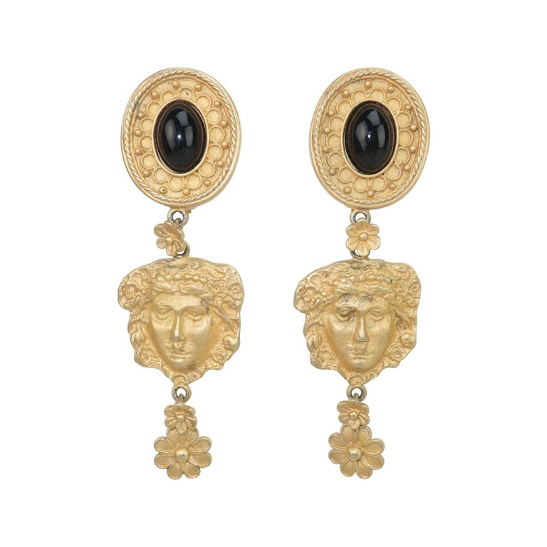 Mandy Dan Gold Tone Goddess Dangle Earrings, 1980's at 1stDibs