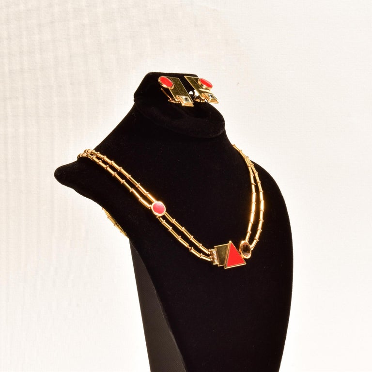 Manfredi Italian Modernist 18K Enamel Gemstone Necklace and Clip-On ...