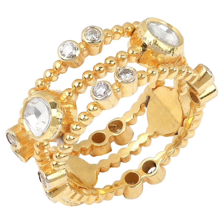 Bague jonc en or jaune 18 carats à fil torsadé et diamants non taillés ...