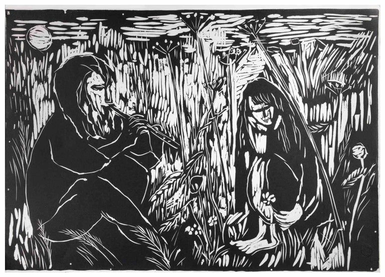 Manlio Guberti Helfrich - Player in Wheat Field - Woodcut by Manlio ...