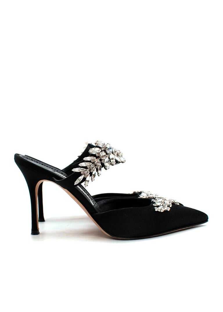 Manolo Blahnik Black Satin Lurum 90 Crystal Embellished Heeled Mules For Sale at 1stDibs