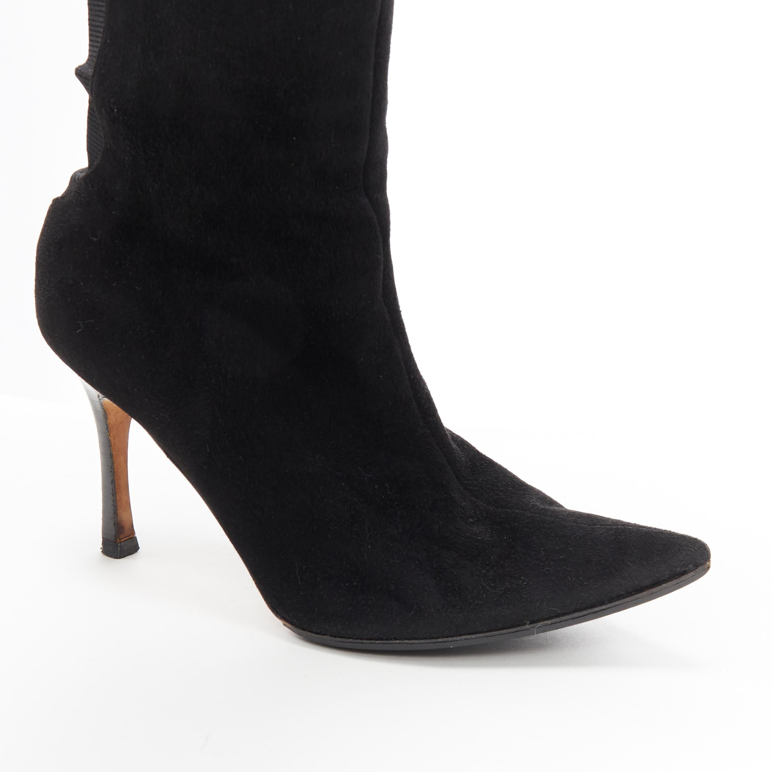 MANOLO BLAHNIK black suede leather pointed curl toe wooden heel tall ...