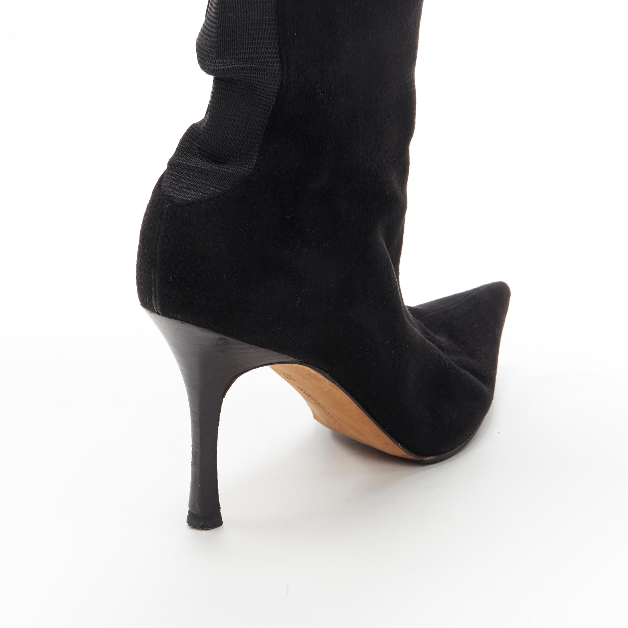 MANOLO BLAHNIK black suede leather pointed curl toe wooden heel tall ...