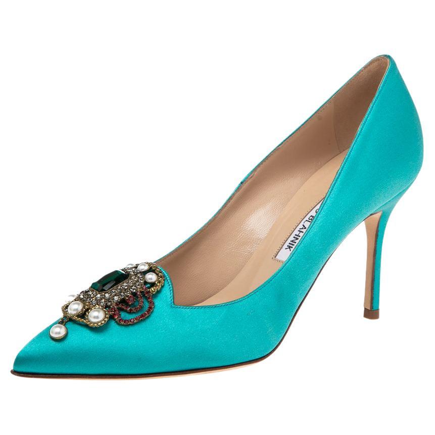 Manolo Blahnik Tiffany Blue Satin Hangisi Crystal Embellished Pumps ...