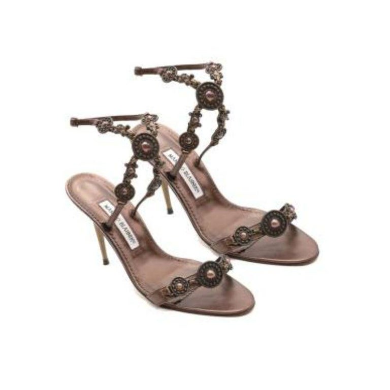 Manolo Blahnik Bronze Embellished Strappy Sandals For Sale at 1stDibs