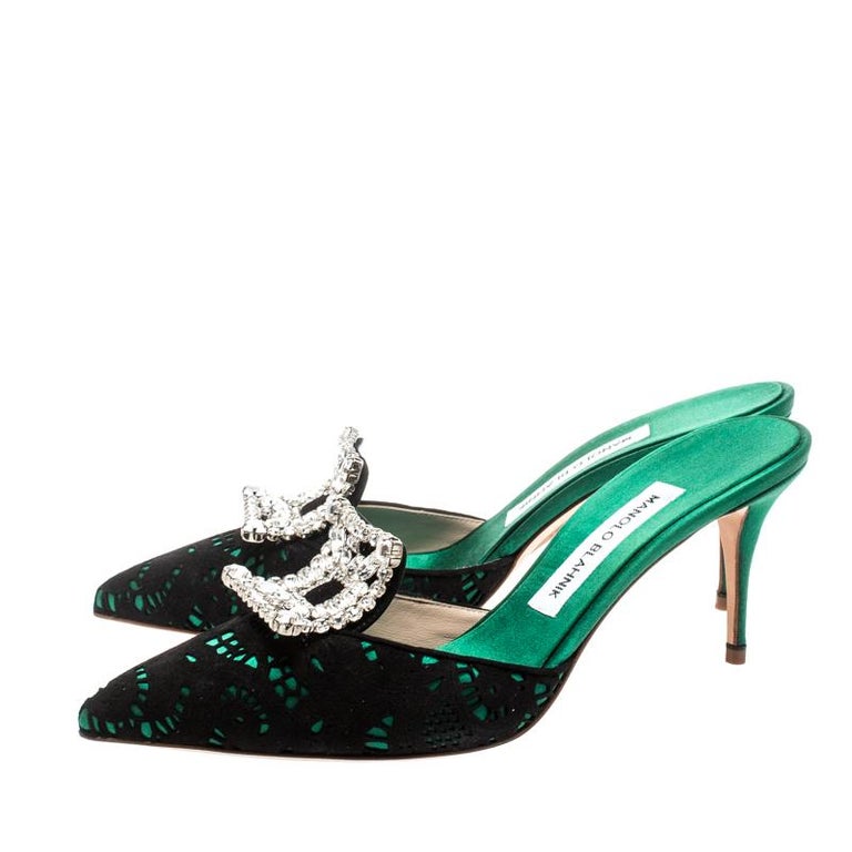 Manolo Blahnik Green/Black Crystal Embellished Satin and Lace Borli Mules 39 For Sale at 1stDibs