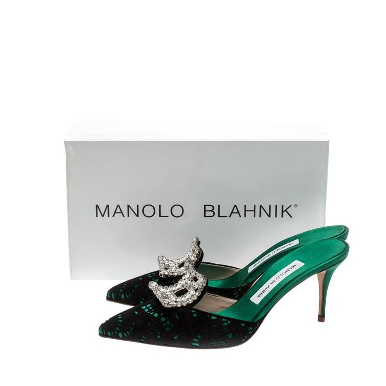Manolo Blahnik Green/Black Crystal Embellished Satin and Lace Borli Mules 39 For Sale at 1stDibs