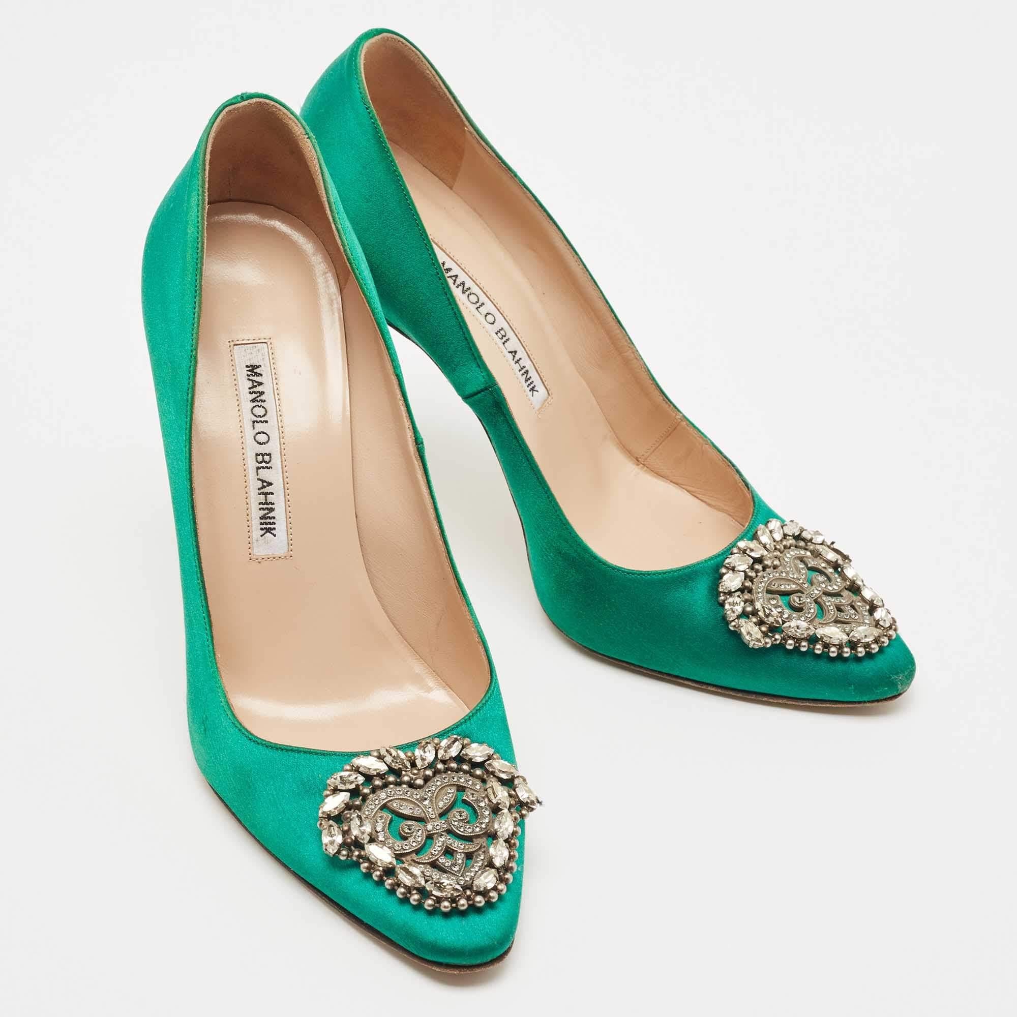 Manolo Blahnik Green Satin Crystal Embellished Pumps Size 37 at 1stDibs