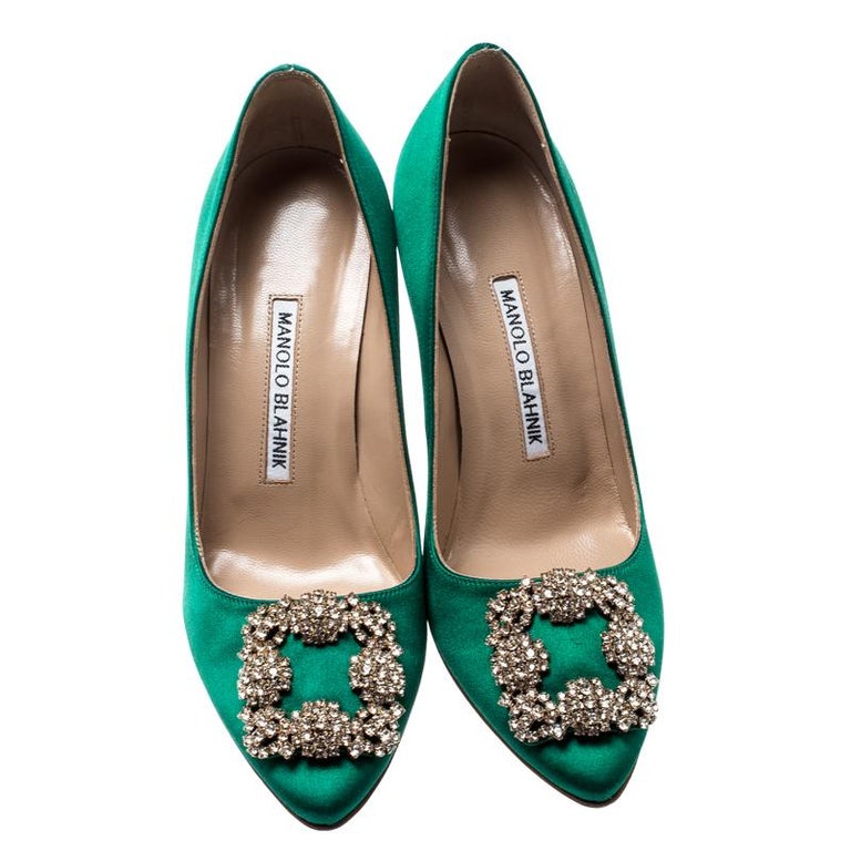 Manolo Blahnik Green Satin Hangisi Crystal Embellished Pumps Size 36 ...