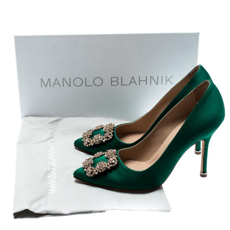Manolo Blahnik Green Satin Hangisi Crystal Embellished Pumps Size 36 ...