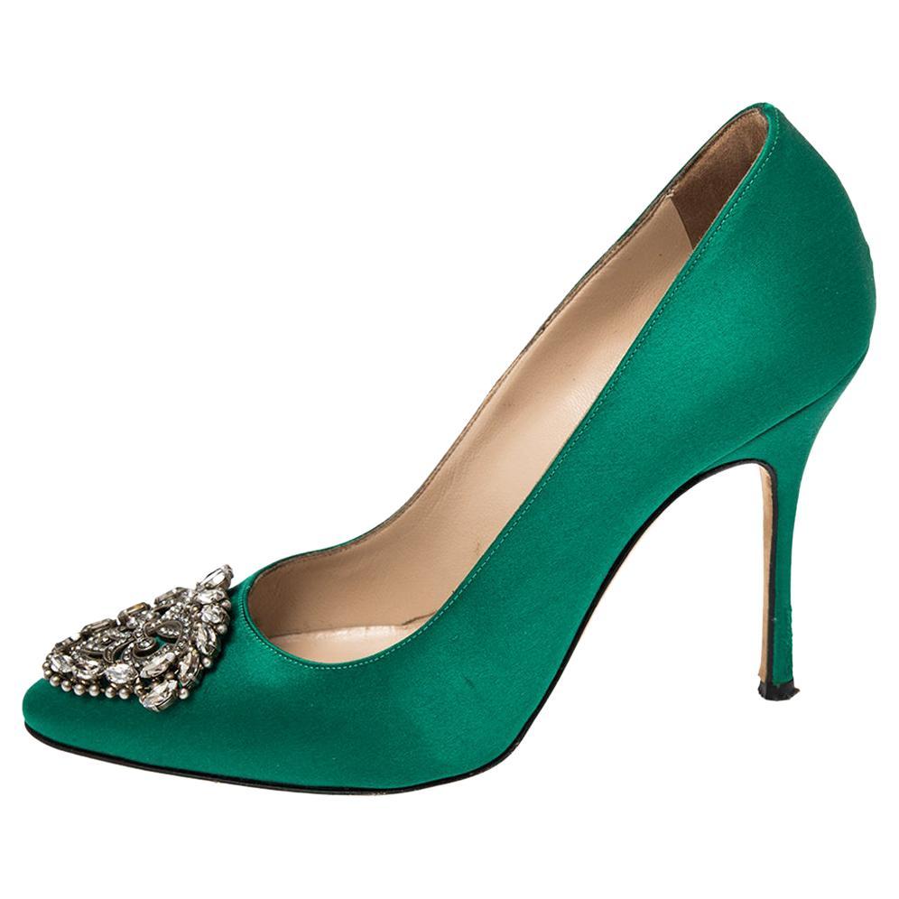 Manolo Blahnik Green Satin Embellished Jamala Sandals Size 40 For Sale ...