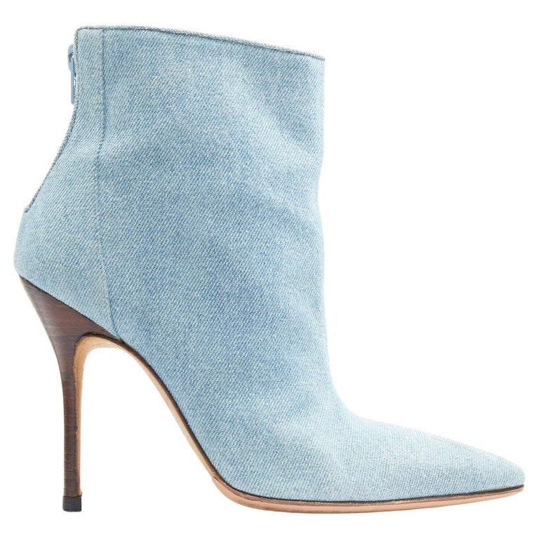 MANOLO BLAHNIK light blue denim pointed toe high heel ankle bootie EU38 ...