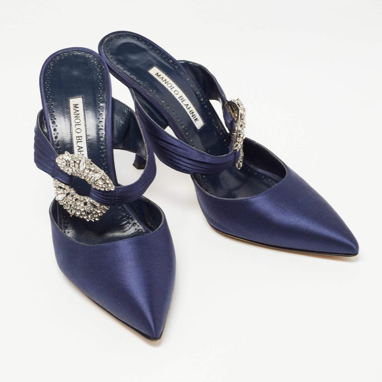 Manolo Blahnik Navy Blue Satin Crystal Embellished Pointed Toe Mules ...