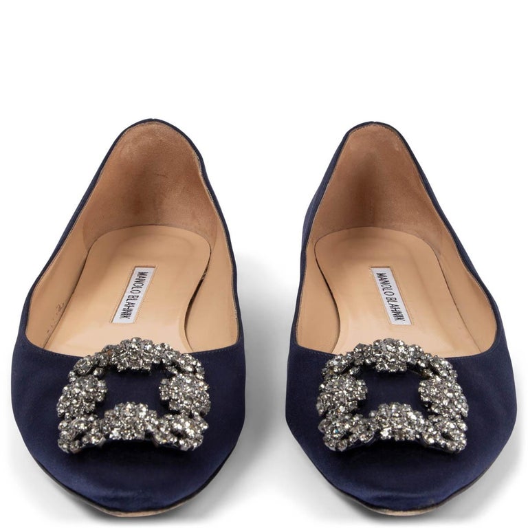 MANOLO BLAHNIK navy blue satin HANGISI CRYSTAL Ballet Flats Shoes 39 ...