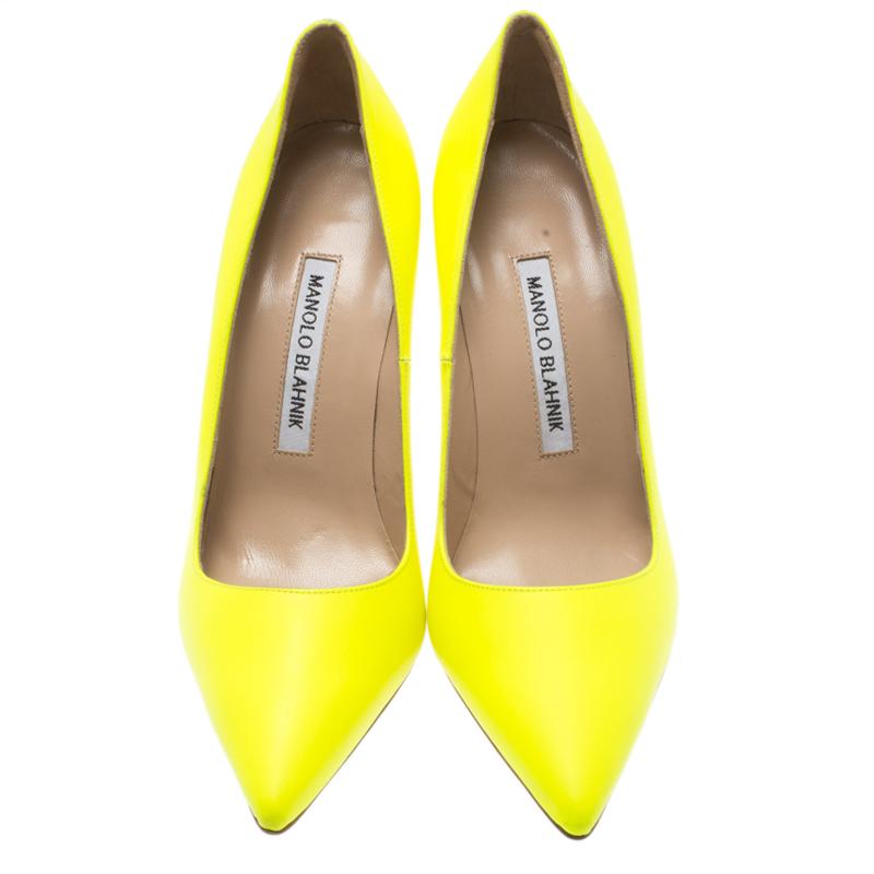Manolo Blahnik Neon Yellow Leather BB Pointed Toe Pumps Size 36.5 For ...