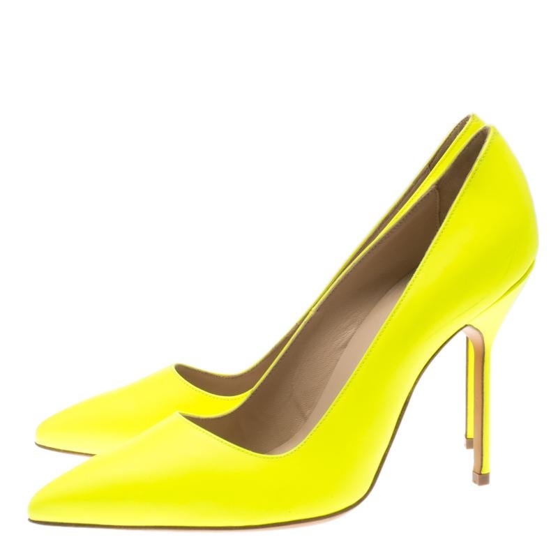 Manolo Blahnik Neon Yellow Leather BB Pointed Toe Pumps Size 36.5 For ...