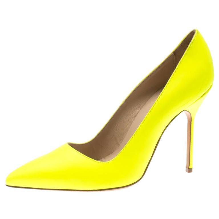 Manolo Blahnik Neon Yellow Leather BB Pointed Toe Pumps Size 36.5 For ...