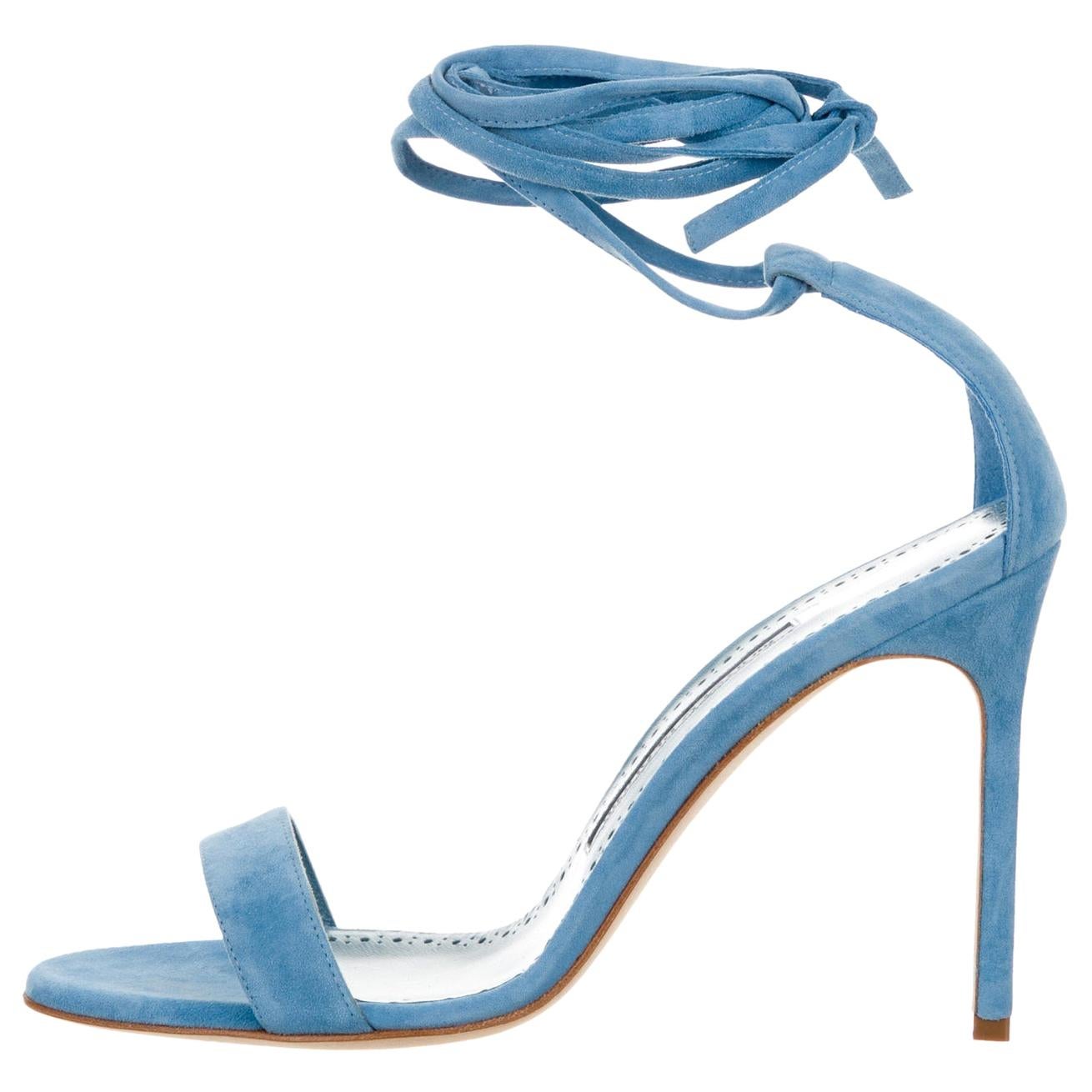 Manolo Blahnik NEW Tiffany Blue Suede Tie UP Ankle Strappy Sandals ...