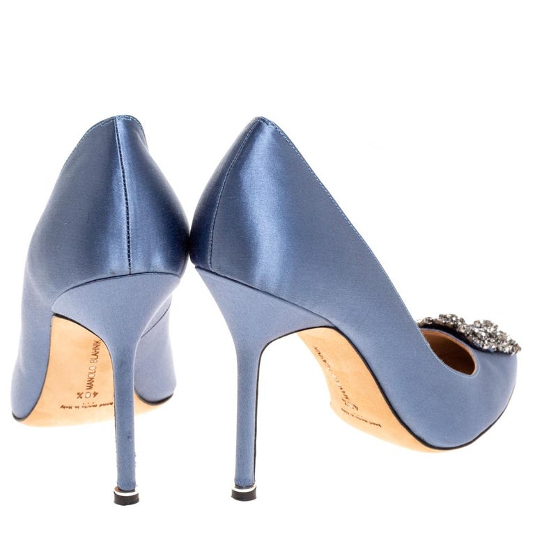 Manolo Blahnik Pale Blue Satin Hangisi Embellished Pointed Toe Pumps ...
