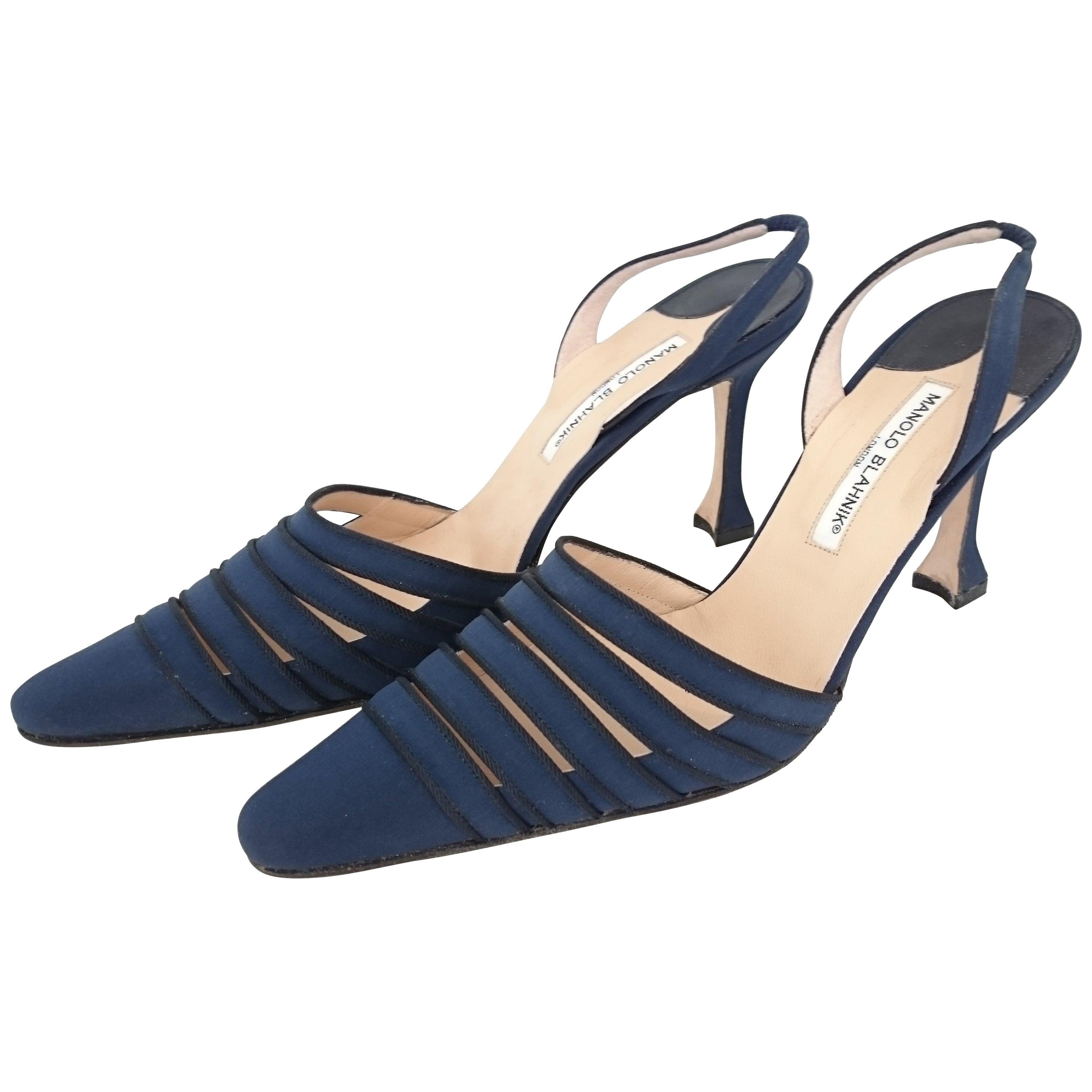 Manolo Blahnik Silk Slingback Blue Heels. NEW. Size 40 (EU) For Sale at ...
